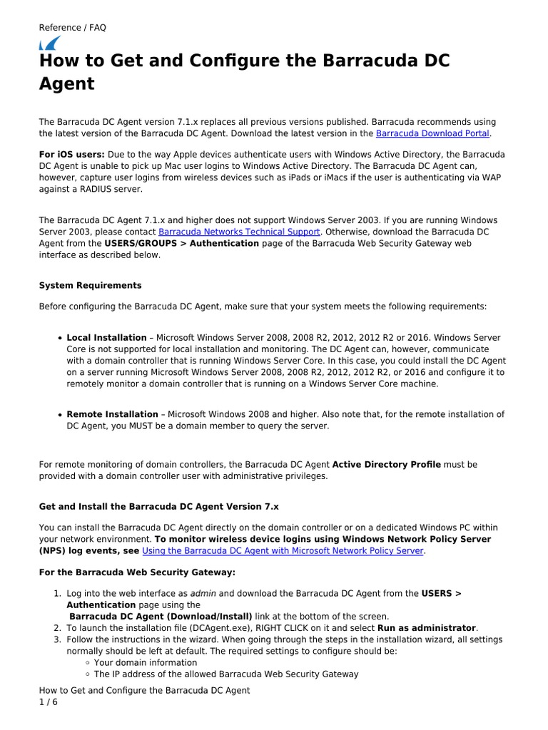 Barracuda DC Agent Setup Guide | PDF | Microsoft Windows | Active Directory