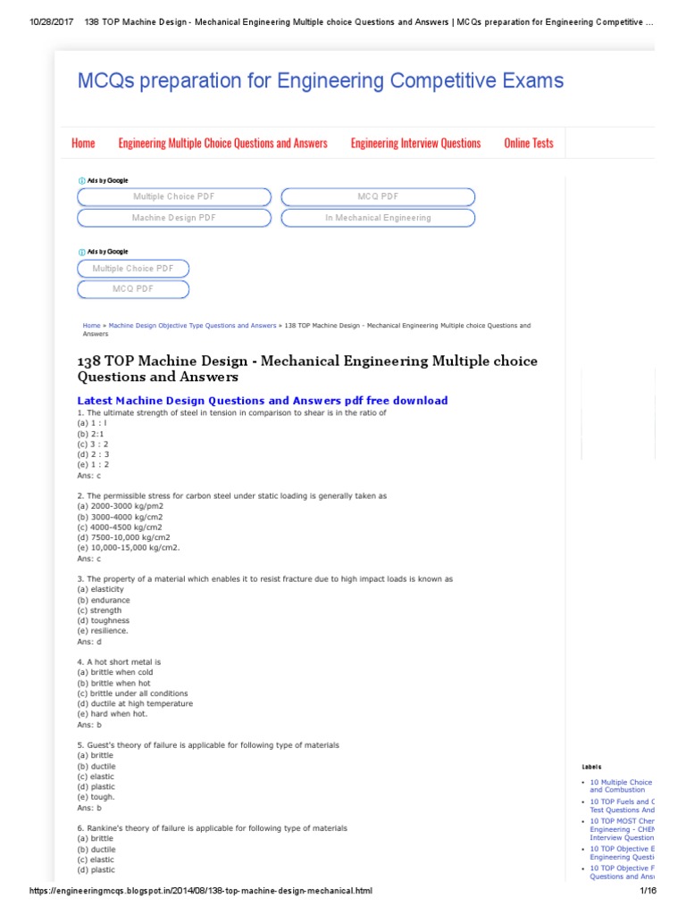 138 Top Machine Design Question and Answers | PDF | Strength Of ...