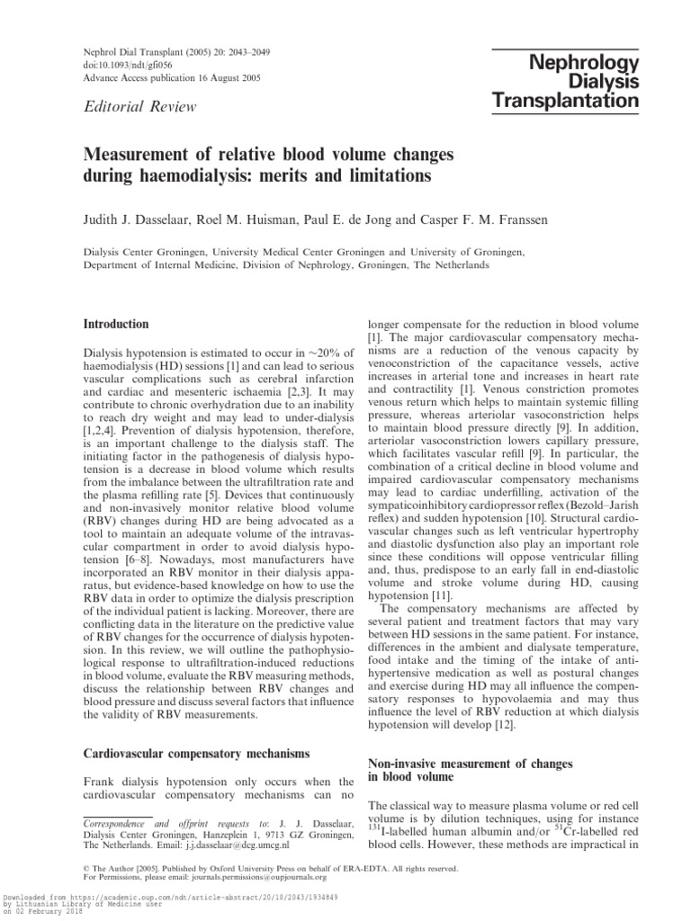 Measurement of Relative Blood Volume Changes During Haemodialysis ...