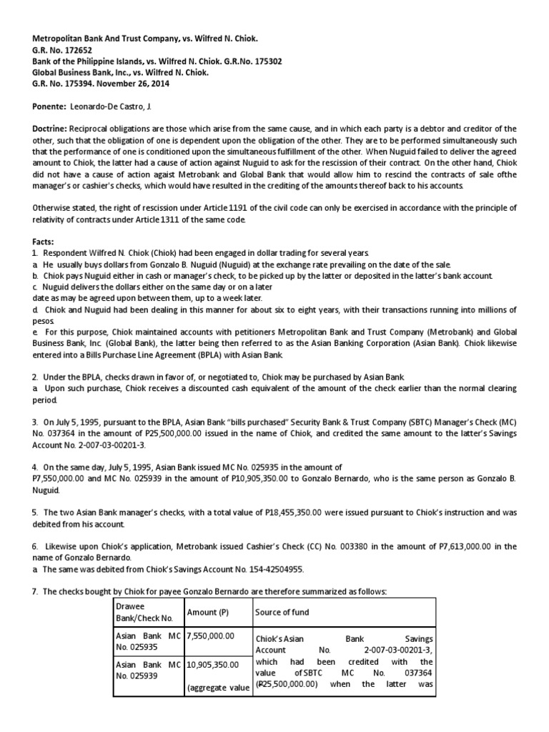 MBTC Vs Chiok | PDF | Rescission | Cheque