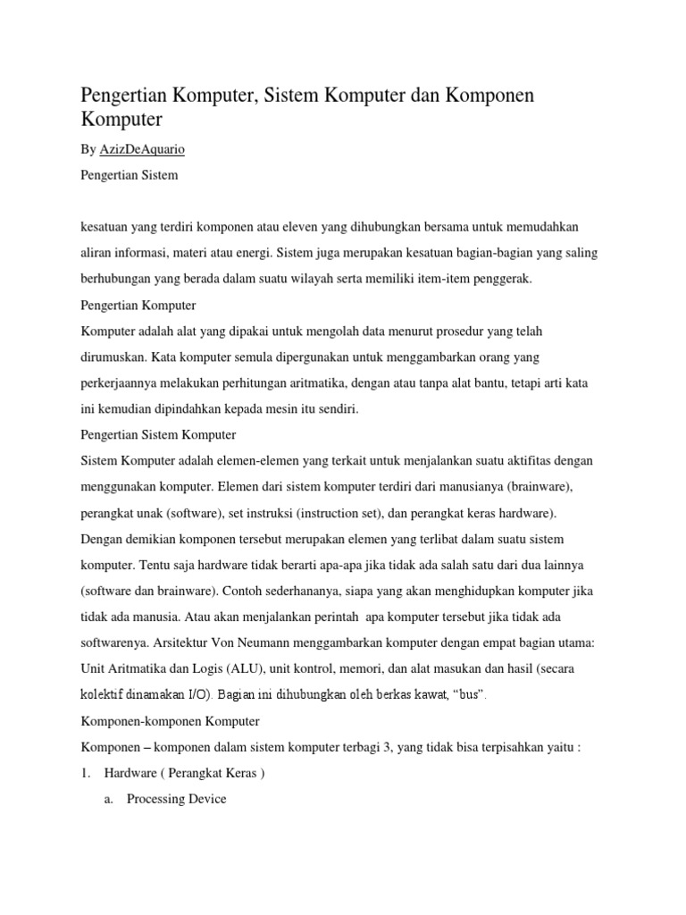 Pengertian Komputer, Sistem Komputer Dan Komponen-Komponen Komputer | PDF