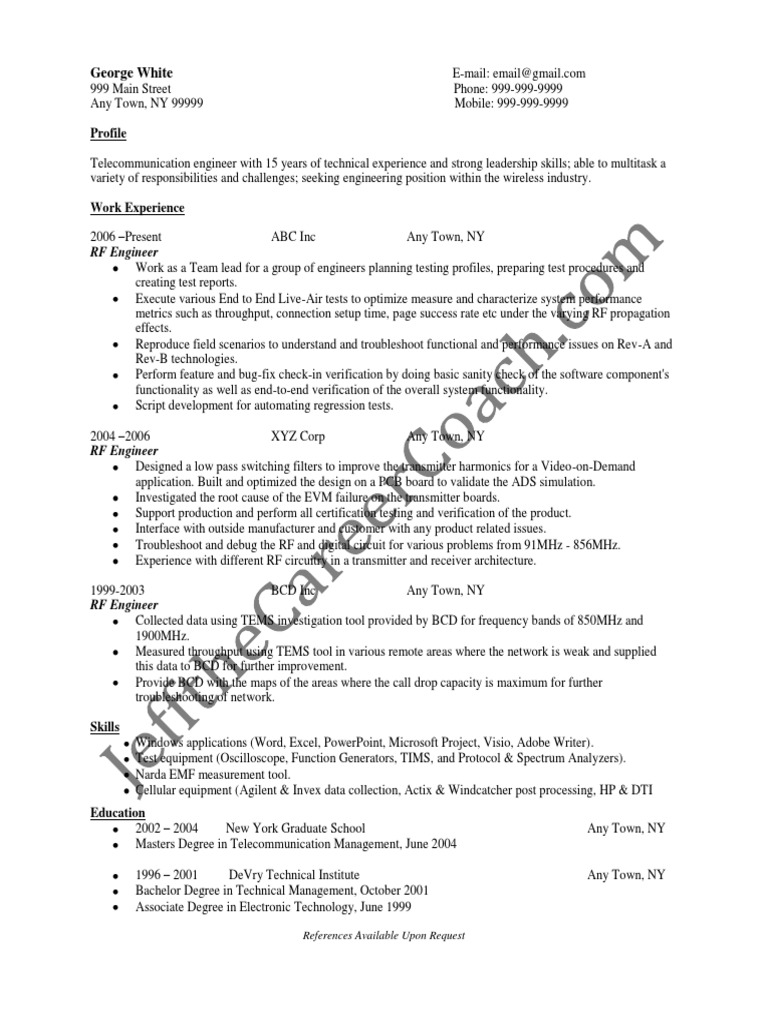 RF Engineer Resume of George White | PDF | Radio Frequency ...