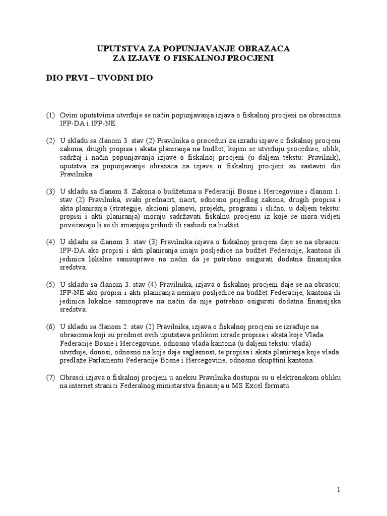 Uputstva Za Popunjavanje Obrazaca FIA Fin - Bos | PDF