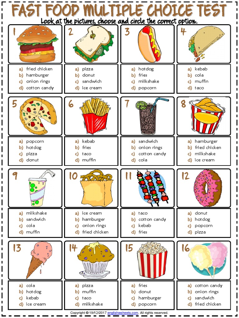 Fast Food Vocabulary Esl Multiple Choice Test For Kids | PDF | American ...