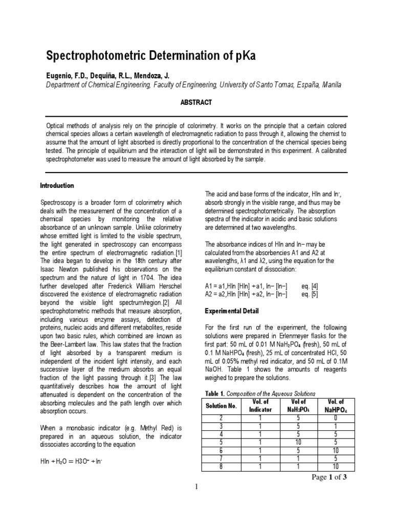 Spectrophotometric Determination of Pka: Eugenio, F.D., Dequiña, R.L ...