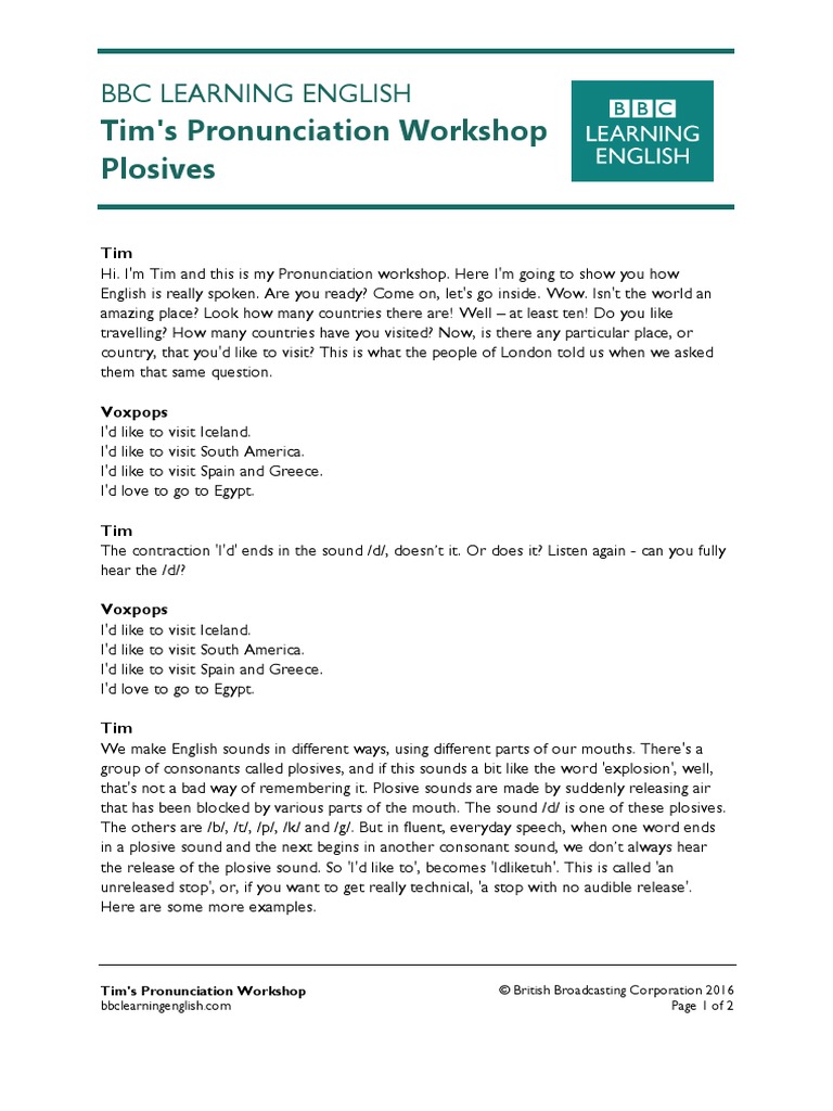 Tim's Pronunciation Workshop Plosives: BBC Learning English | PDF ...