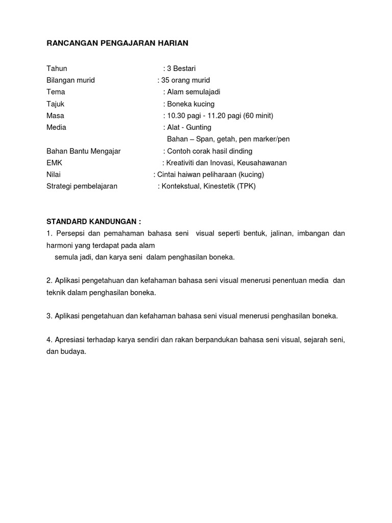 RPH Seni Tahun 3 Boneka (Praktikum) | PDF