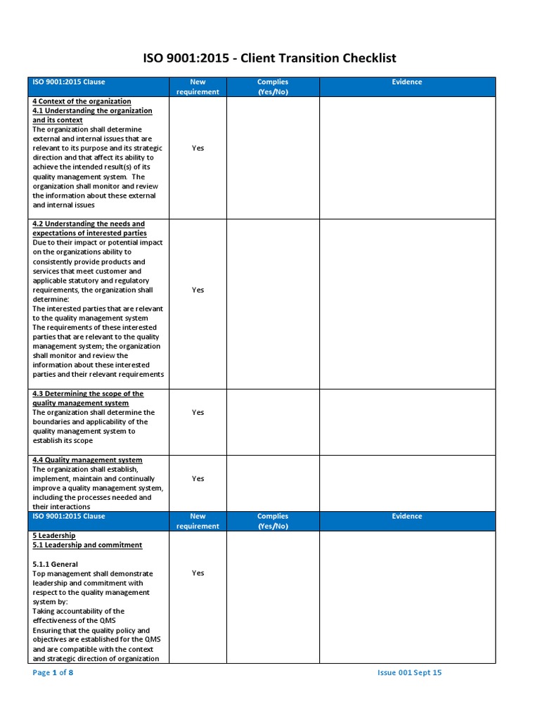 ISO 9001 Client Transition Checklist (TRN) | PDF | Quality Management ...