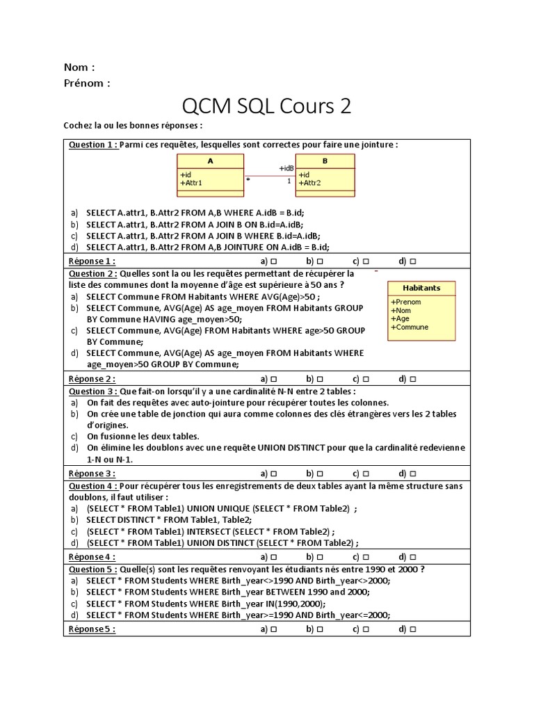 qcm sql2 | Bases de données | Gestion des données