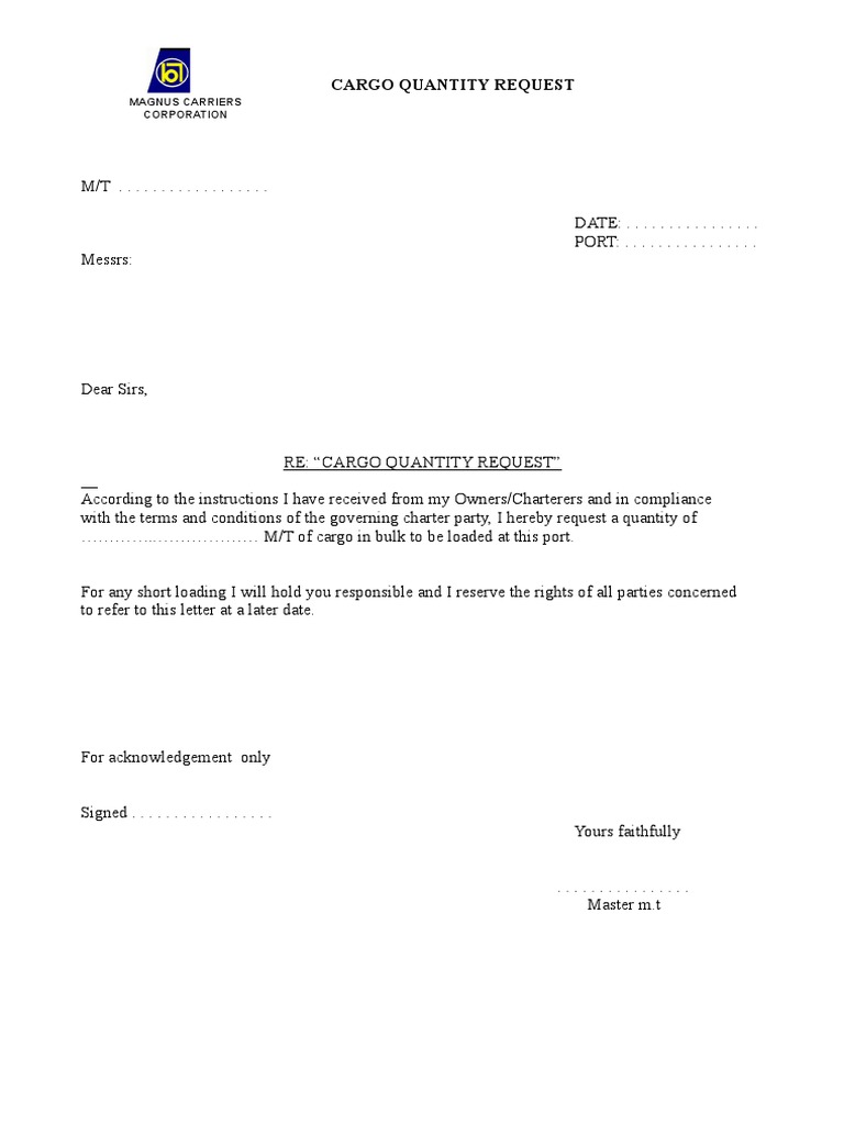 Cargo Quantity Request: Magnus Carriers Corporation | PDF