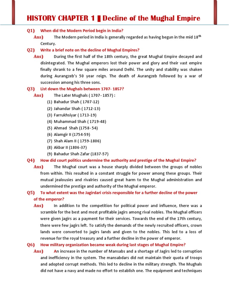 Chapter 1 The Decline Of Mughal Empire Pdf Mughal Empire Timurid