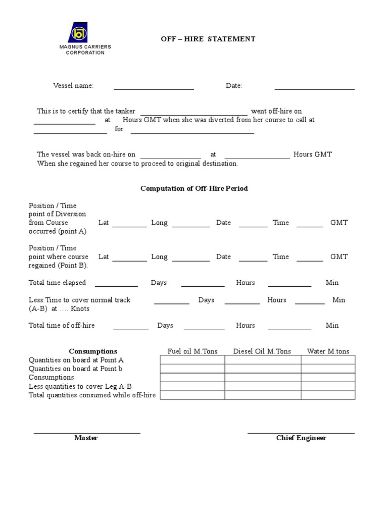Off - Hire Statement: Magnus Carriers Corporation | PDF