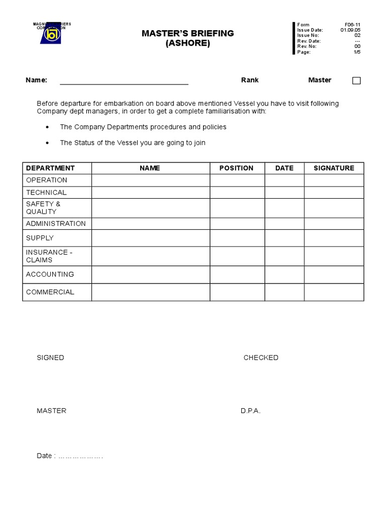 Master's Briefing: Familiarizing with Company Policies, Vessel Status ...