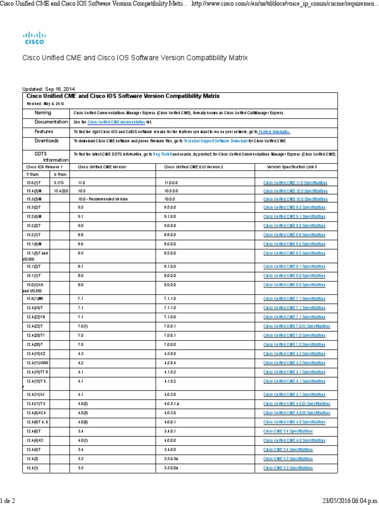 Cisco Unified CME and Cisco IOS Software Version Compatibility Matrix ...