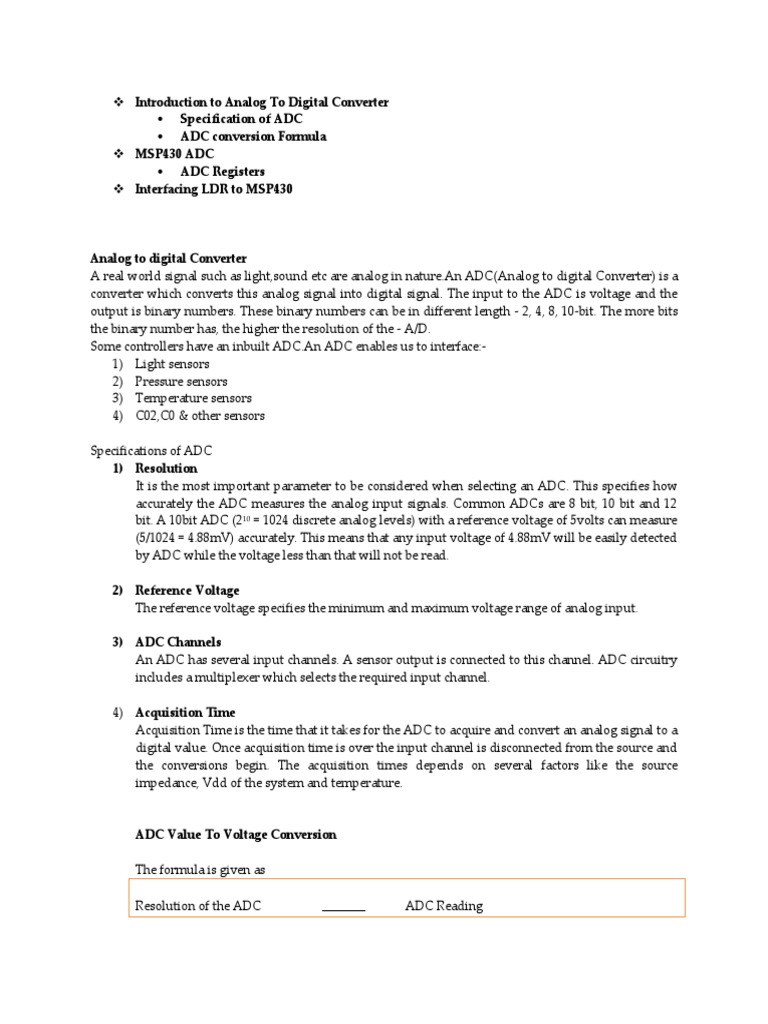 Specification of ADC ADC Conversion Formula ADC Registers | PDF ...