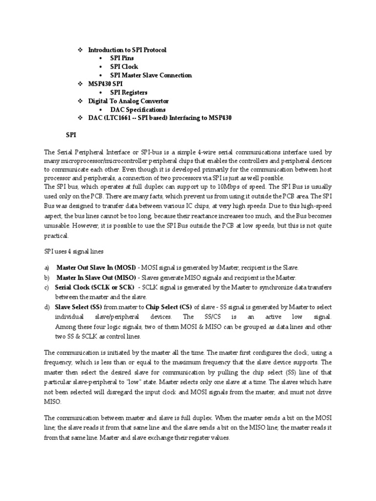 SPI Pins SPI Clock SPI Master Slave Connection SPI Registers DAC ...