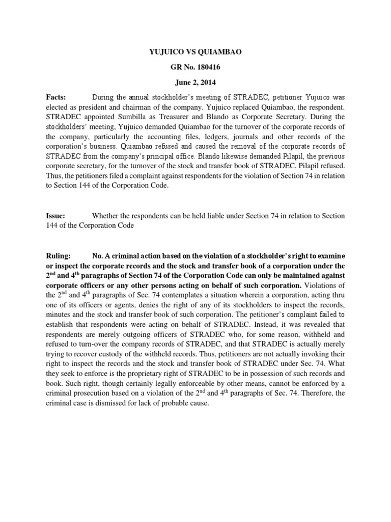 Yujuico Vs Quiambao | PDF | Complaint | Corporations Yujuico Vs Quiambao | PDF | Complaint | Corporations
