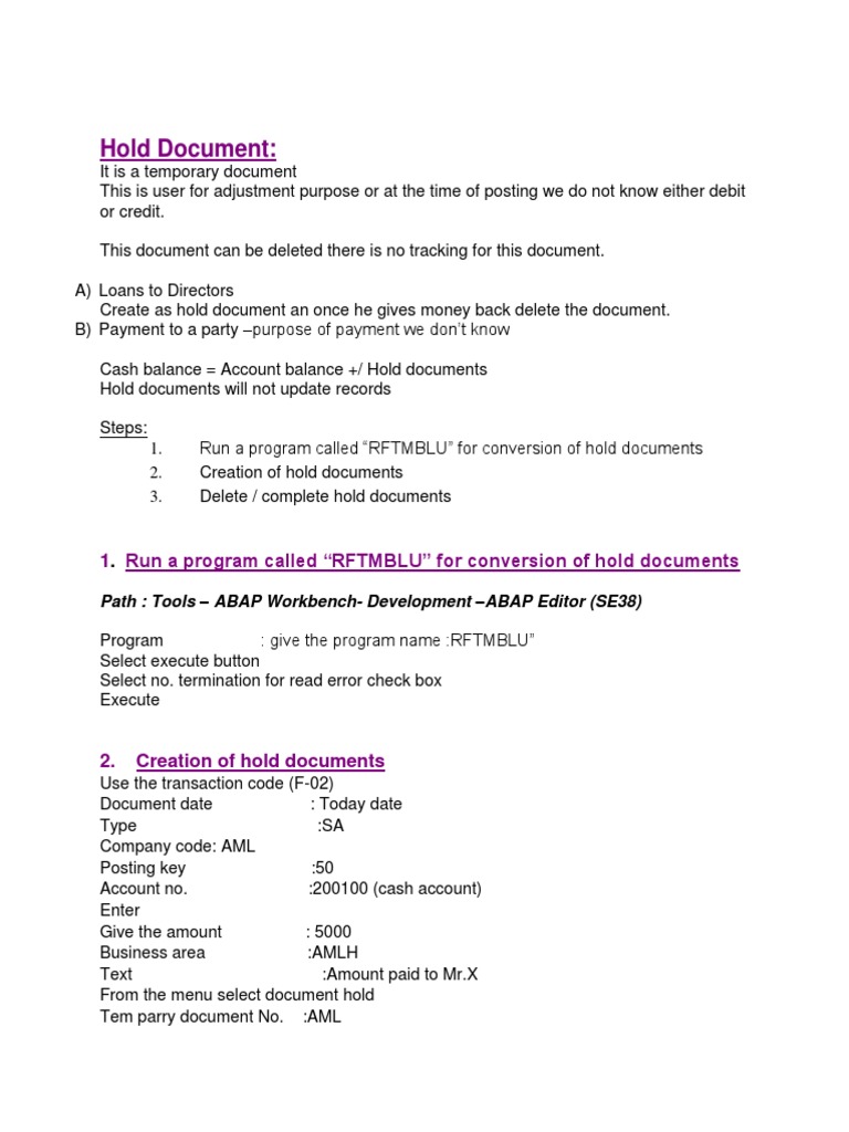 Hold Document:: 1 Run A Program Called "RFTMBLU" For Conversion of Hold ...