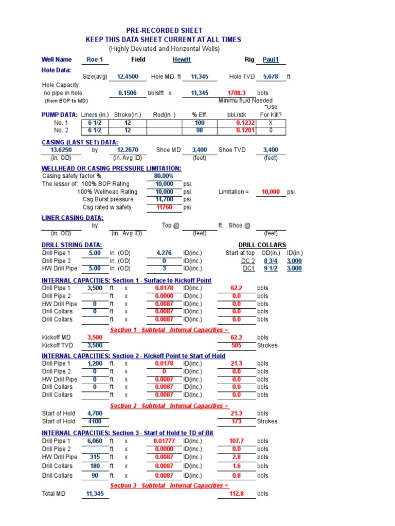 Pre-Recorded Well Data Sheet for Highly Deviated and Horizontal Well ...