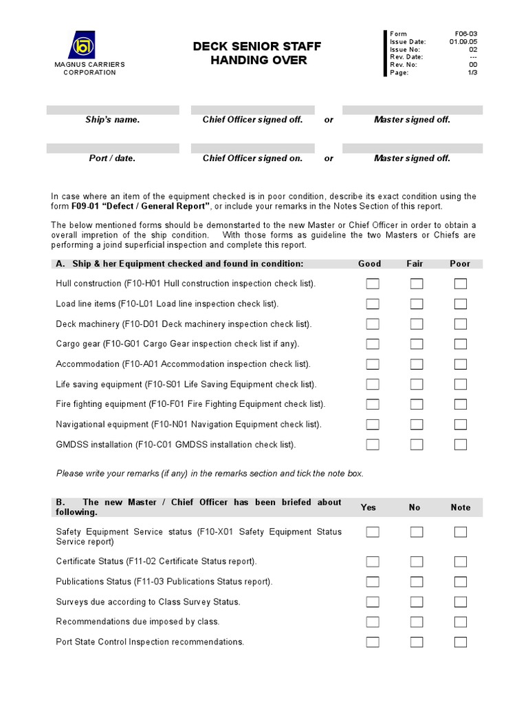F0603 Deck Senior Officers Handing Over Form | PDF | Ships | Shipping