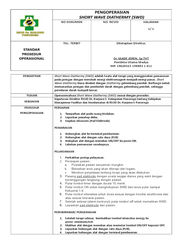 Sop Ops. Short Wave Diathermy (SWD) | PDF