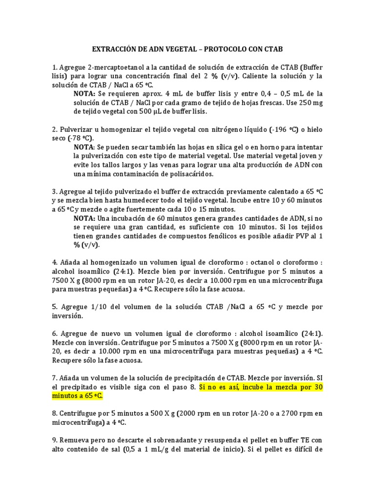 Extracción de Adn Vegetal - Protocolo Con Ctab | PDF | Solución tampón | Sustancias químicas