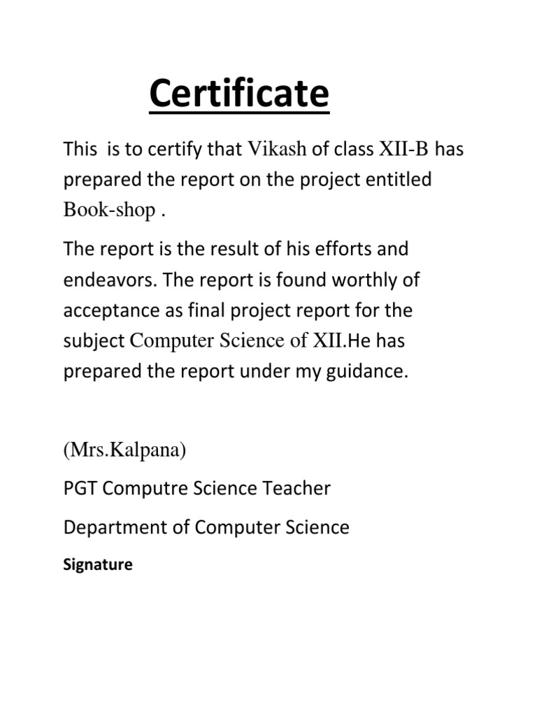 Certificate of Completion for Vikash's Book Shop Management Project Report | PDF | Computer ...
