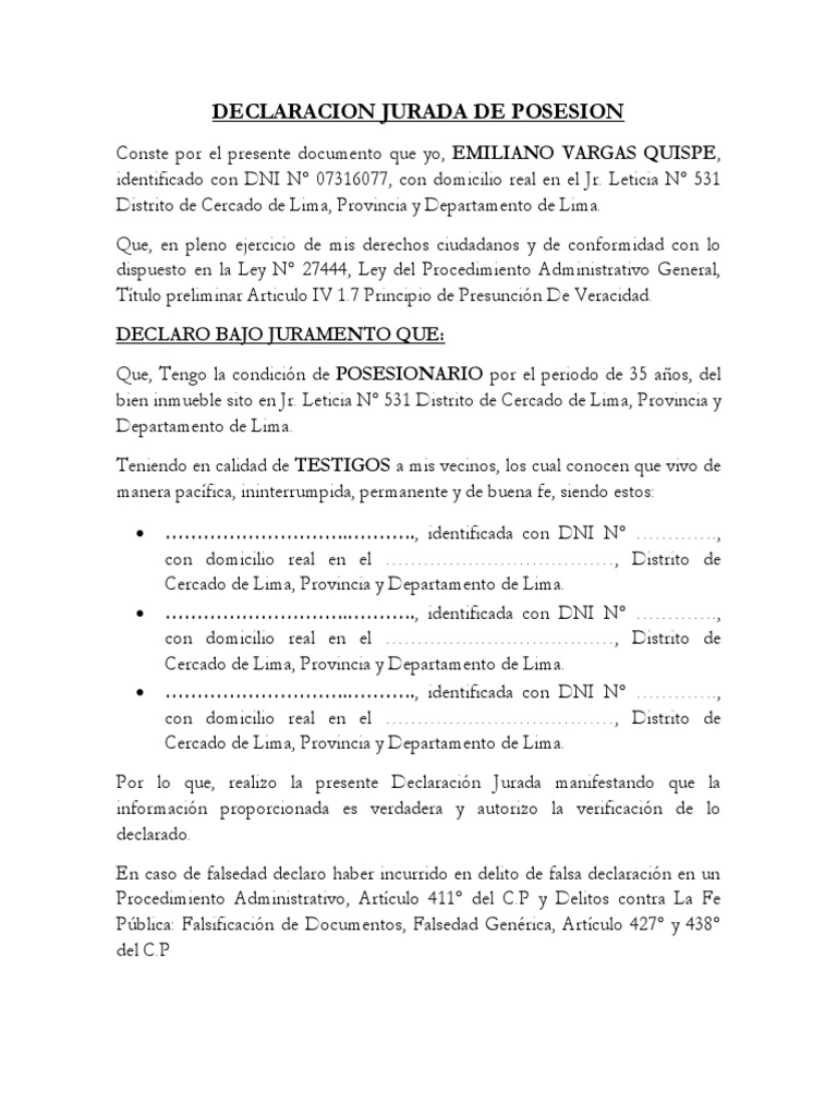 Declaracion Jurada de Posesion