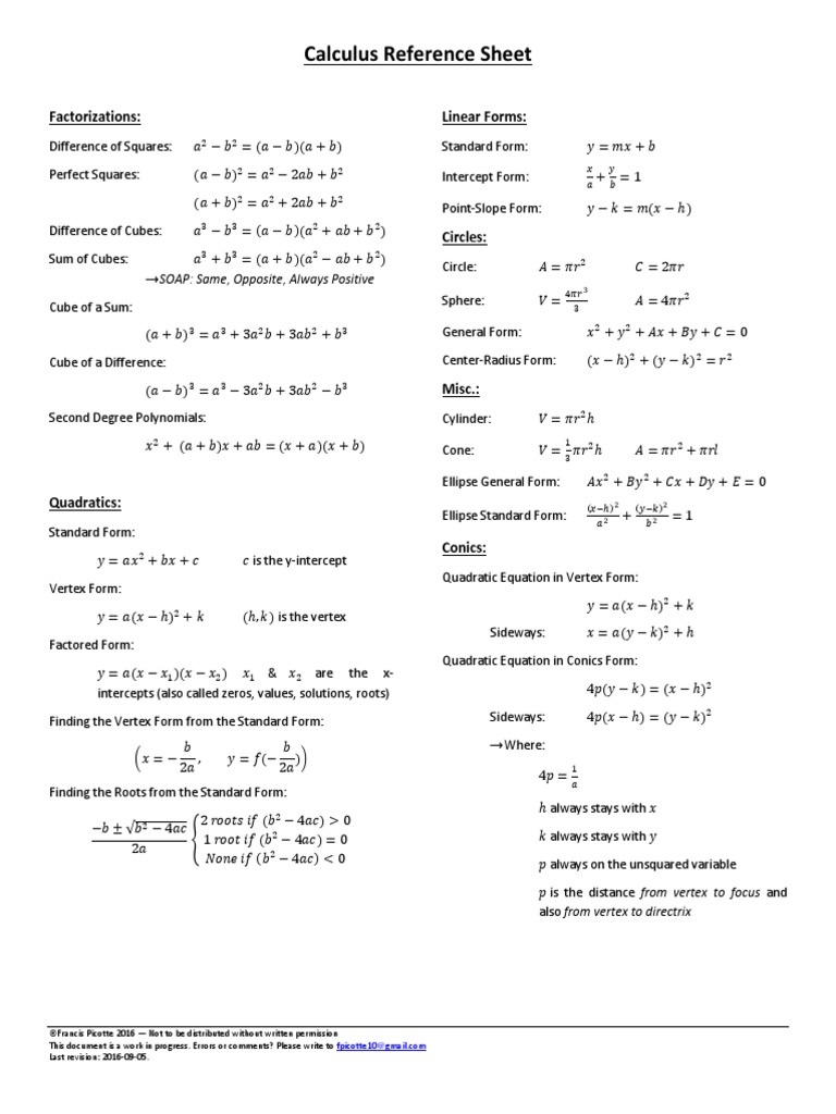 Calculus Reference Sheet | Download Free PDF | Laplace Transform ...