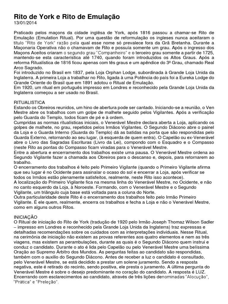 Rito de York e Rito de Emulação | Loja Maçônica | Maçonaria