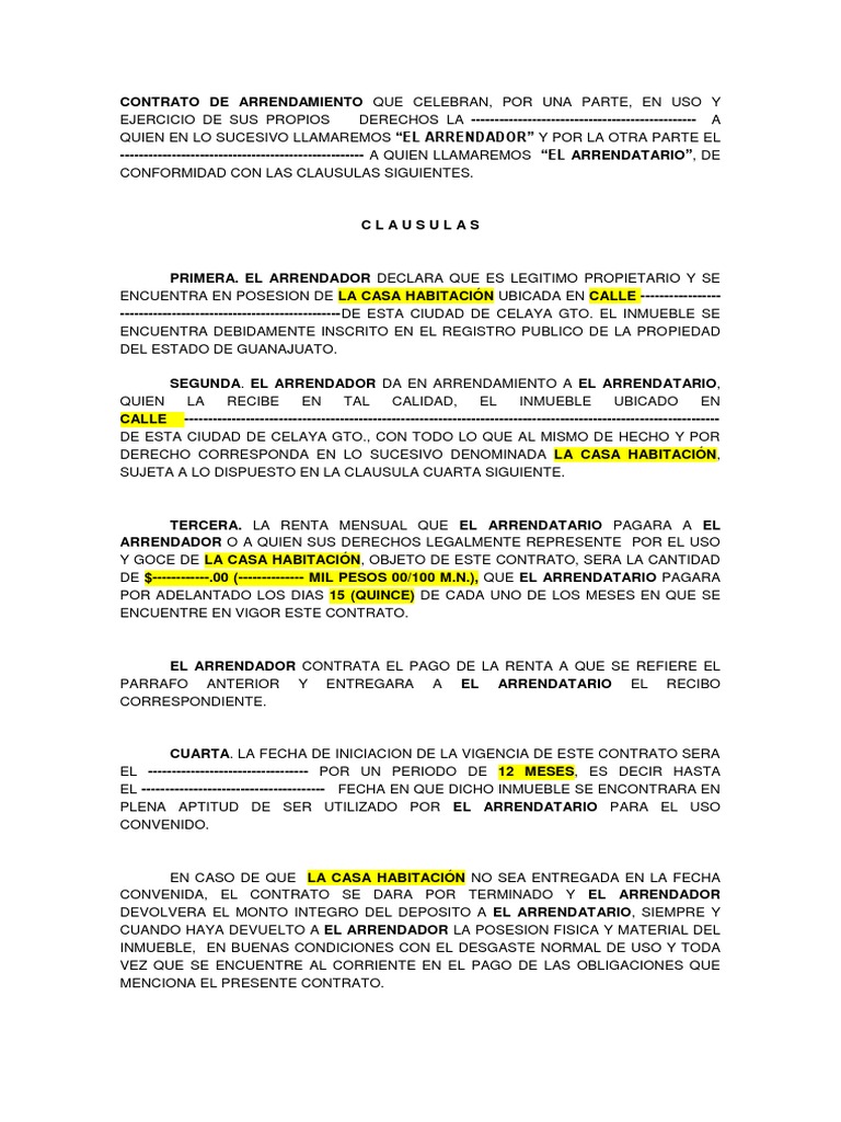 Machote Contrato Arrendamiento Casa