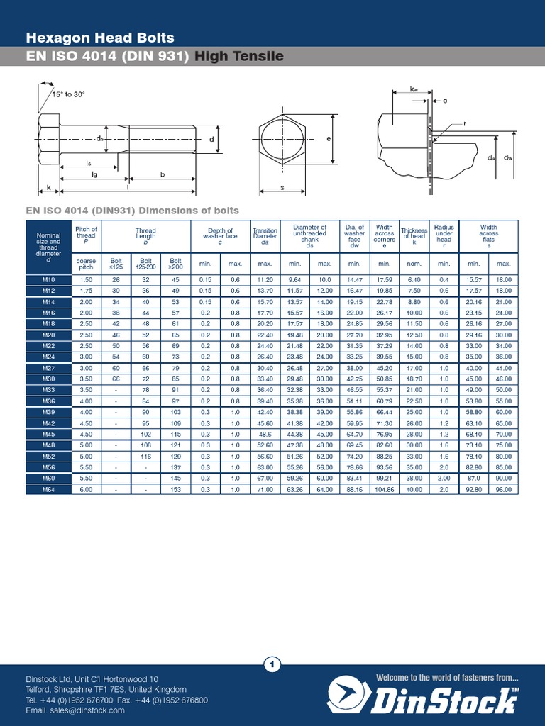 High Tensile: Hexagon Head Bolts EN ISO 4014 (DIN 931) | PDF | Screw | Mechanical Engineering
