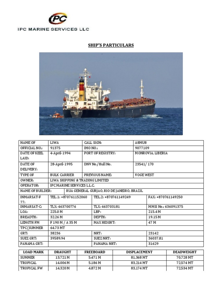 Ship'S Particulars: Load Mark Draught Freeboard Displacement Deadweight ...