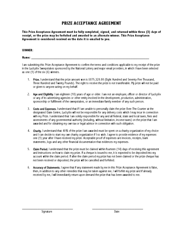 Prize Acceptance Agreement | Download Free PDF | Cheque | Taxes