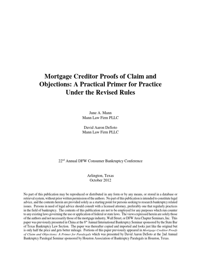 Mortgage Creditors Proof of Claim and Objections by June - Mann | PDF | Bankruptcy | Chapter 13
