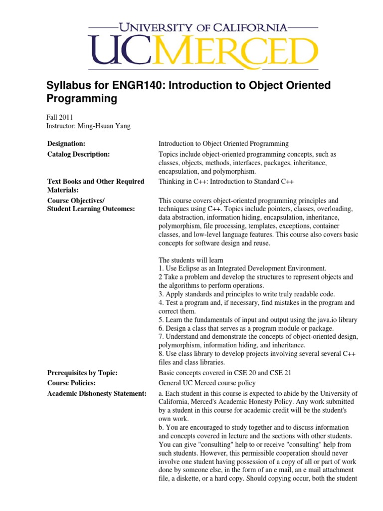 Syllabus For ENGR140: Introduction To Object Oriented Programming ...