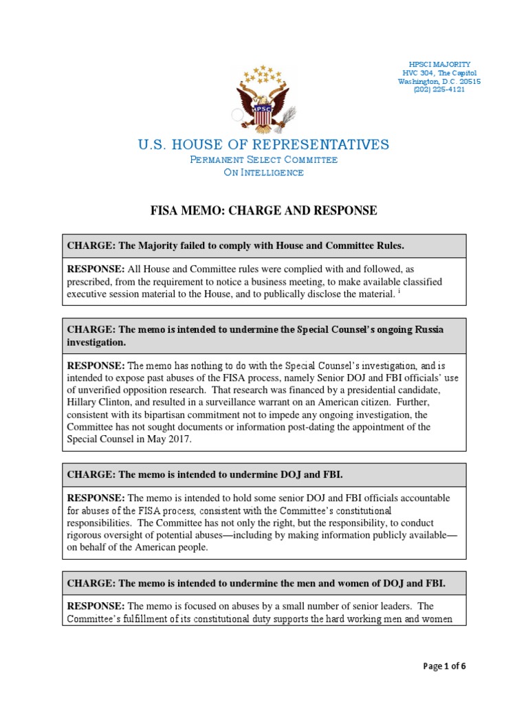 HPSCI FISA Memo Release - Charge and Response | PDF | Foreign Intelligence Surveillance Act ...