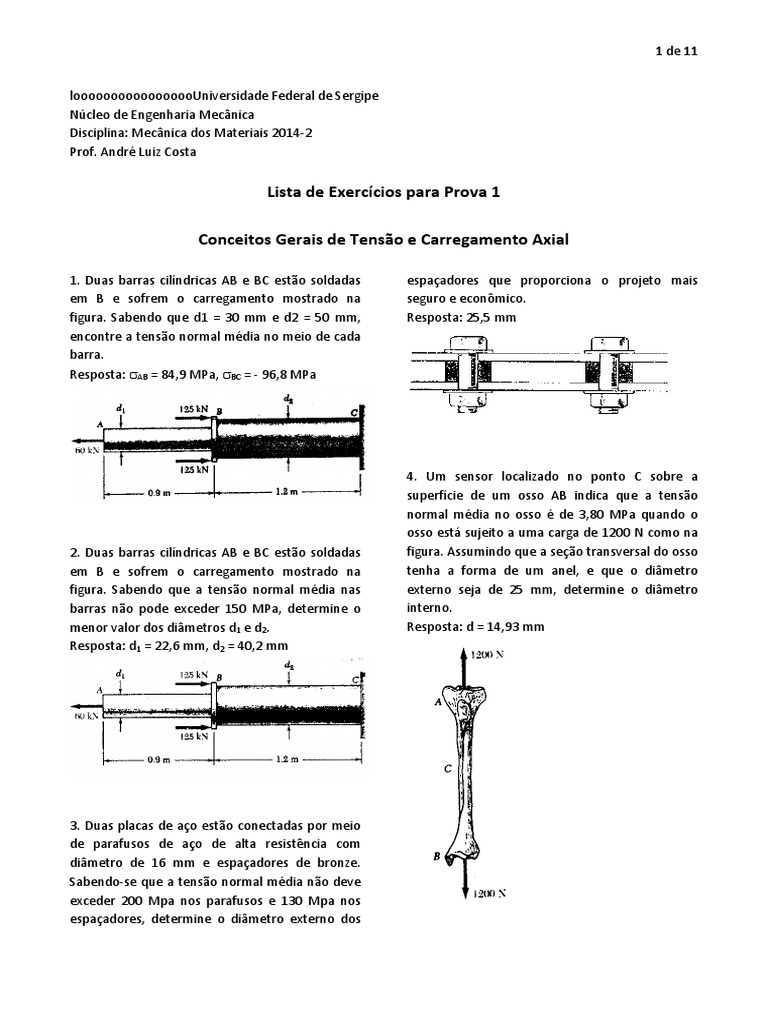 Lista 1 Mecanica Dos Materiais | PDF | Estresse (Mecânica) | Viga