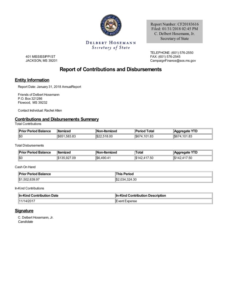 Delbert Hosemann 2018 Campaign Finance | PDF | Economies | Business