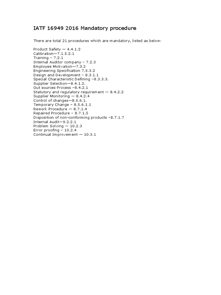 IATF 16949 Mandatory Procedures Overview | PDF