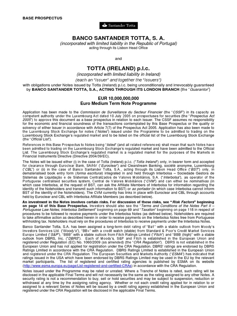 Banco Santander Totta Euro MTN Programme | PDF | Standard & Poor's ...