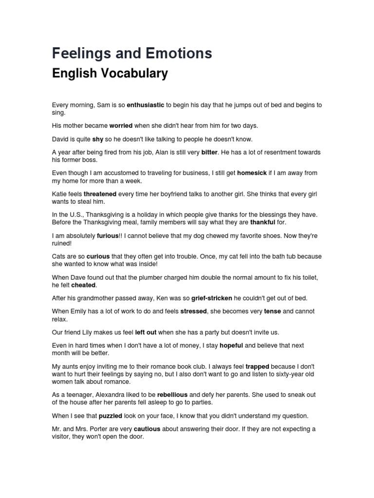 Feelings and Emotions Vocabulary Guide | PDF