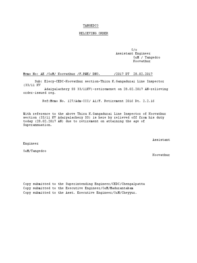 Relieving Order for Retirement of K.Gangadurai | PDF | Technology ...