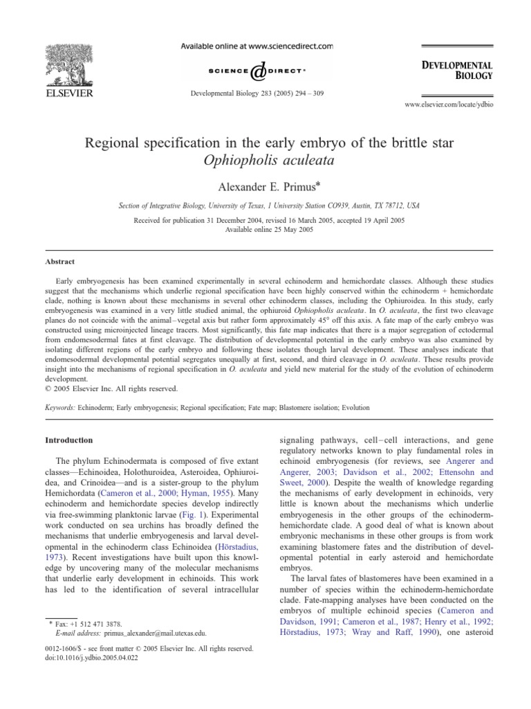 Early Embryogenesis in Ophiopholis aculeata | PDF | Zoology ...