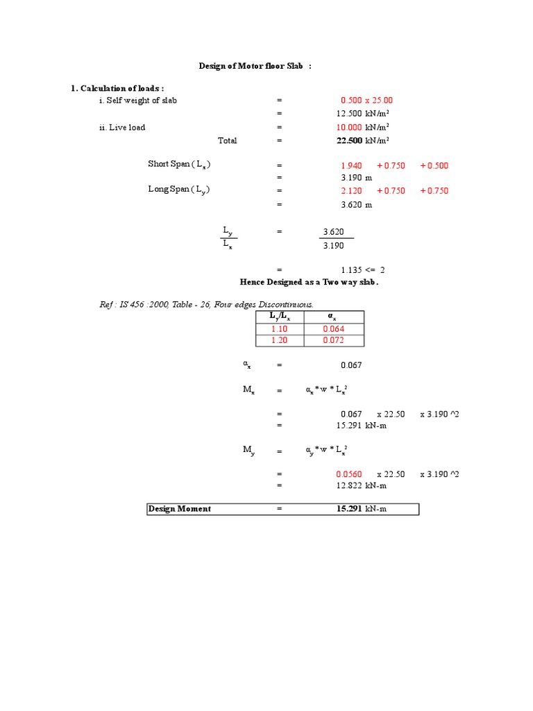 Design of Motor Floor Slab: 1. Calculation of Loads:: Ref: IS 456:2000 ...