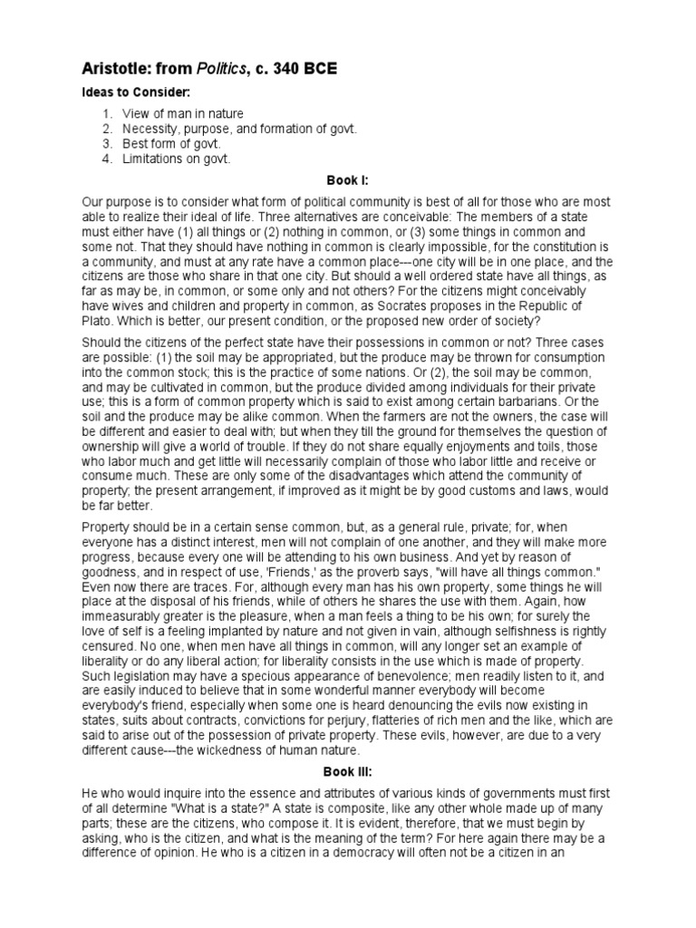 Aristotle: From Politics, C. 340 BCE: Ideas To Consider | PDF ...