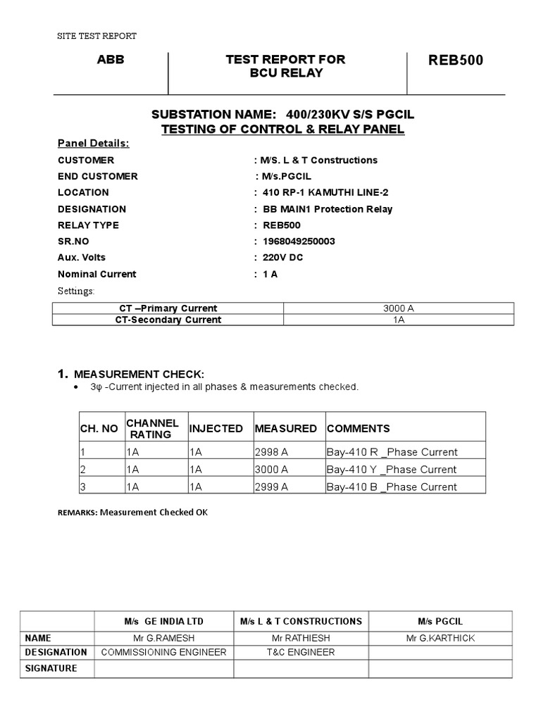 BCU Relay REB500 Test Report | PDF