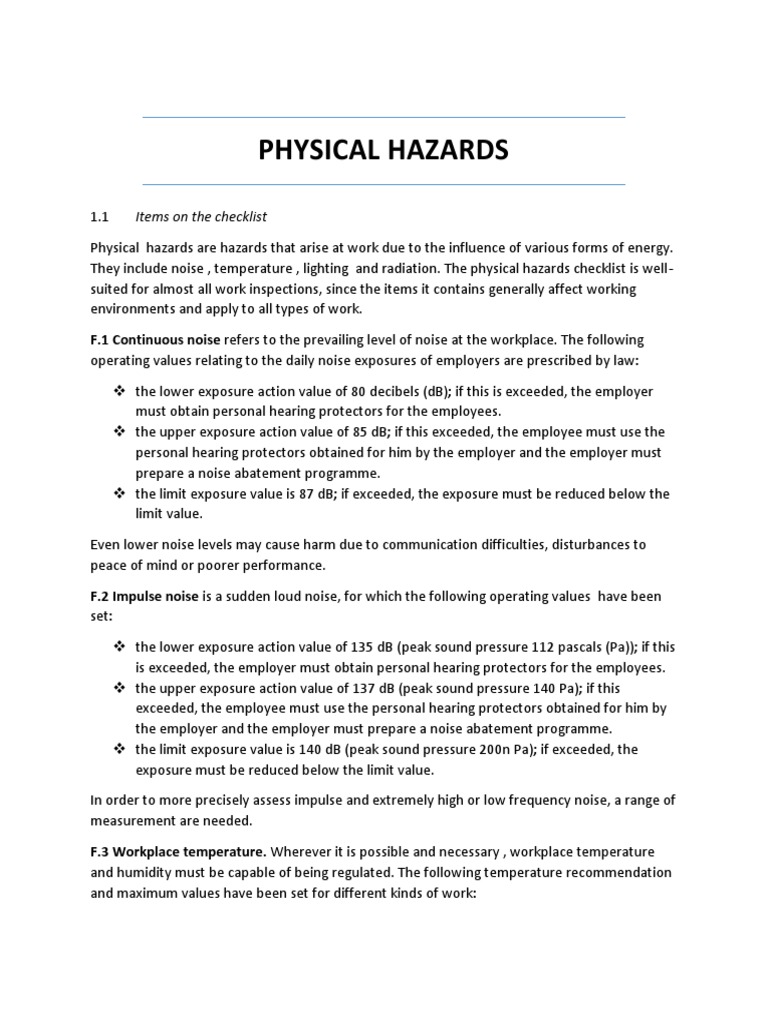 Physical Hazards: Items On The Checklist | PDF | Noise ...
