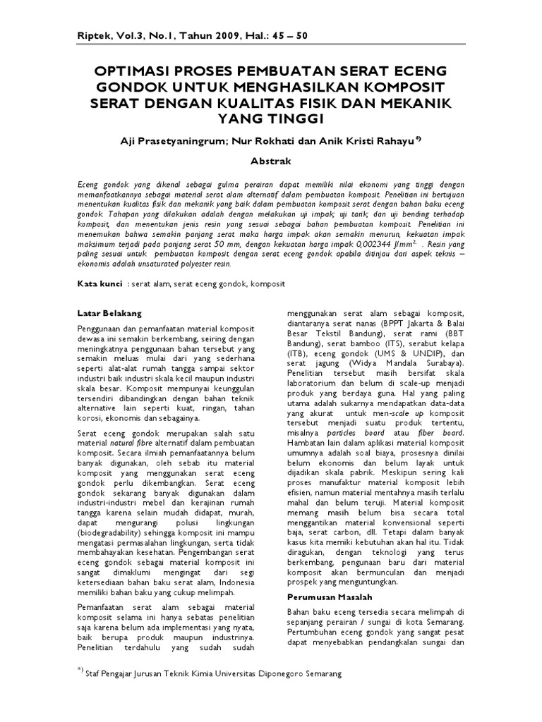 Optimasi Proses Pembuatan Serat Eceng Gondok Untuk Menghasilkan Komposit Serat Dengan Kualitas ...