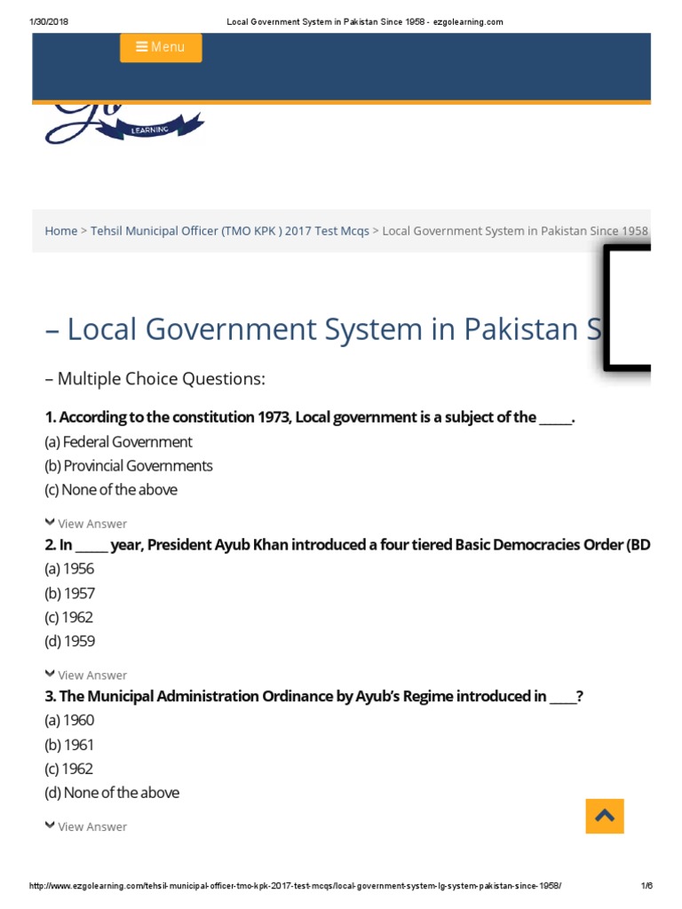 Local Government System in Pakistan Since 1958 - Ezgolearning 1 Tmo ...